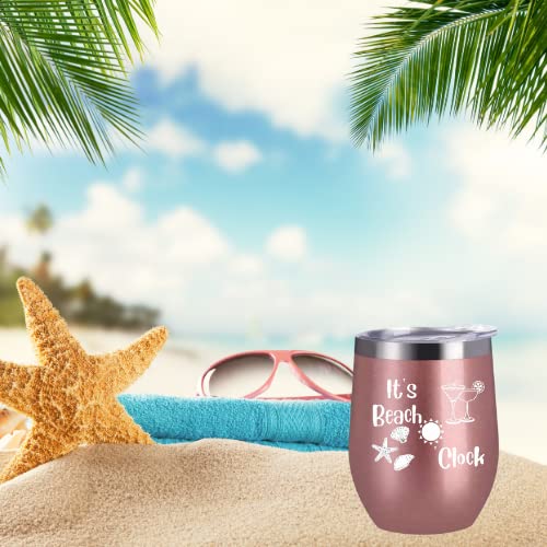 It's Beach O 'Clock, Lovely Shape Rose Gold With white Print, Insulated Wine Tumbler with Lid Double Wall Stainless Steeel, Coffee Mug, Beach Accesories, Cocktail, Beer, Office (Rose Gold)