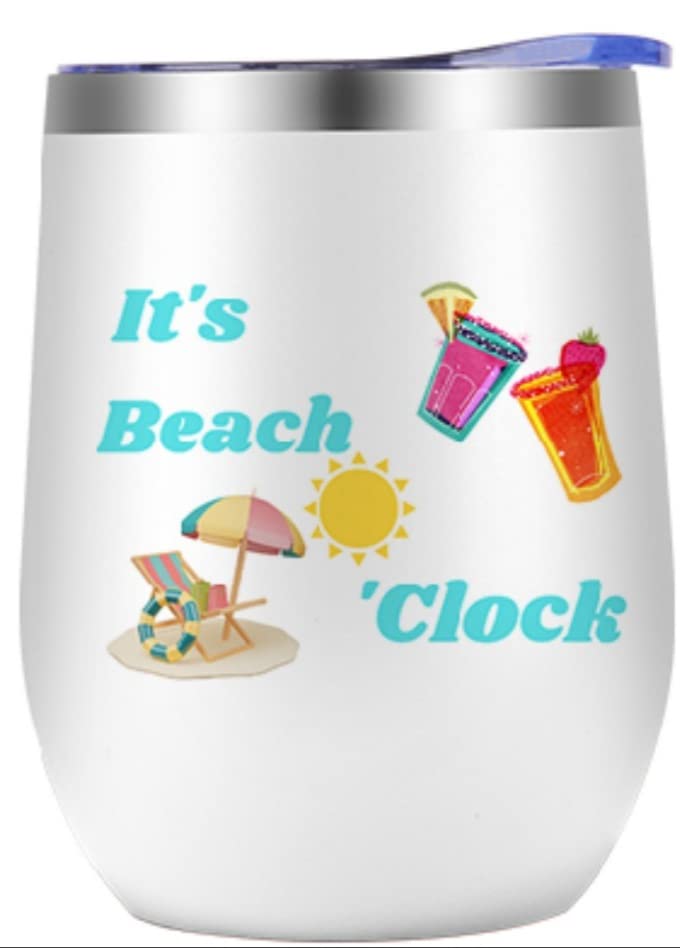 Lovely shape, White, It's Beach O 'Clock 3D UV Color Printing, Beach Accesories, Wine Tumbler Double Wall Stainless Steel Insulated 12oz, Durable Coffee Mug, Cocktail, Beer, Office (white)