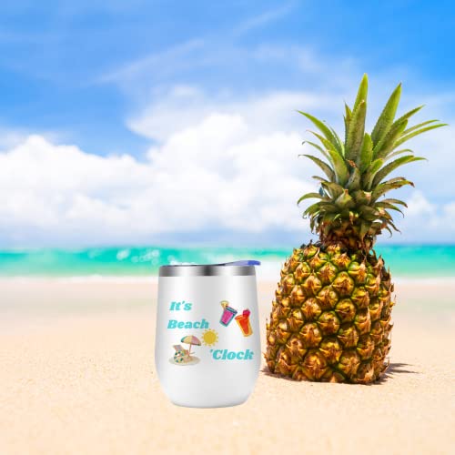 Lovely shape, White, It's Beach O 'Clock 3D UV Color Printing, Beach Accesories, Wine Tumbler Double Wall Stainless Steel Insulated 12oz, Durable Coffee Mug, Cocktail, Beer, Office (white)
