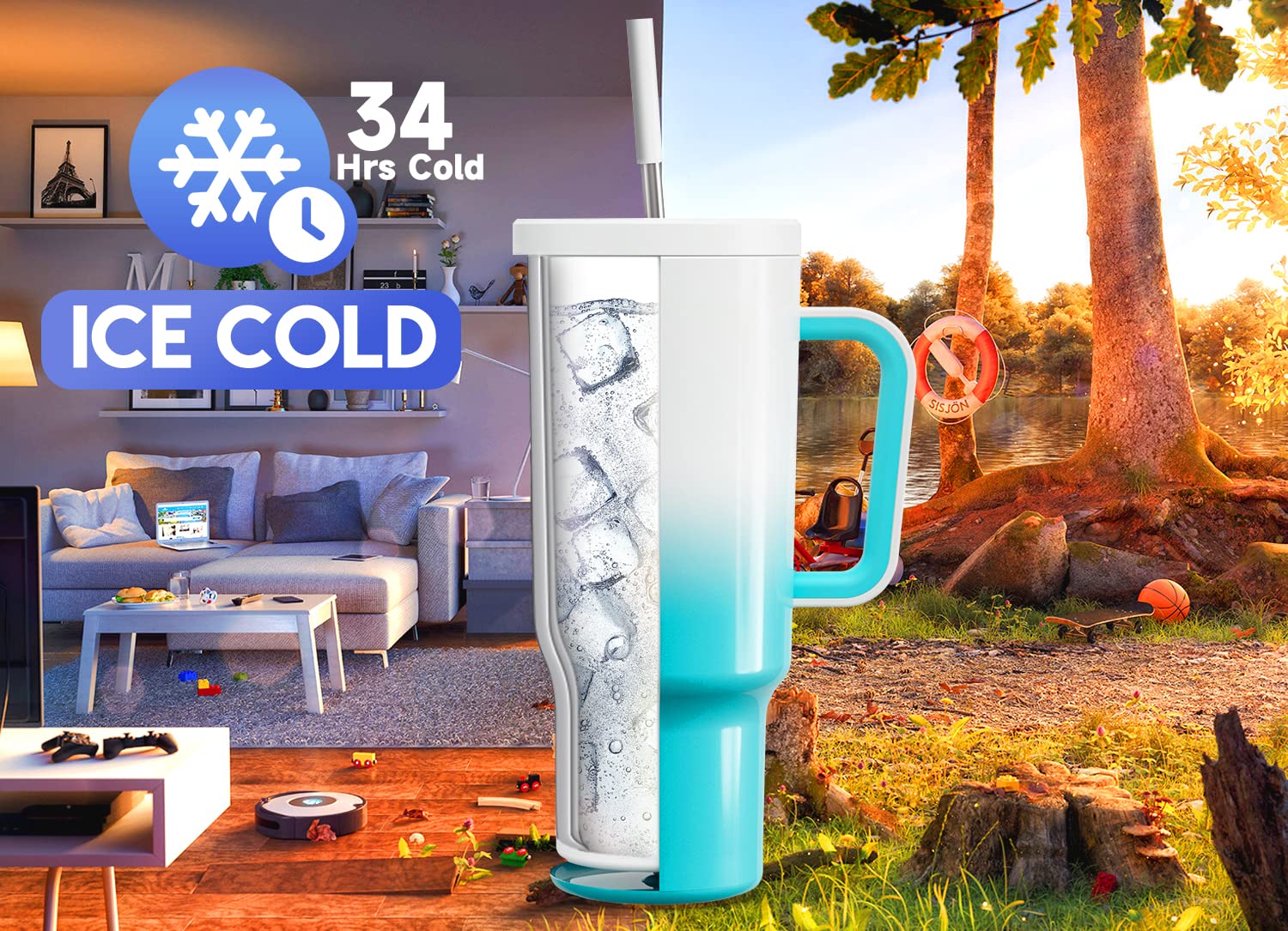 Meoky 40oz Tumbler with Handle, Leak-proof Lid and Straw, Insulated Coffee Mug Stainless Steel Travel Mug, Keeps Cold for 34 Hours or Hot for 10 Hours (Azure)
