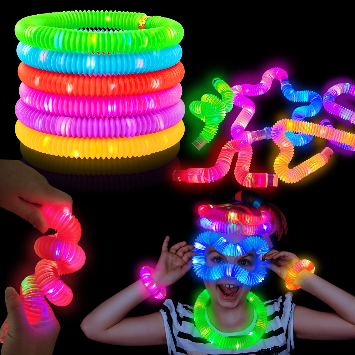 Easter Basket Stuffers for Toddlers -6 PCS,Light Up Pop Tubes Toys Gifts for Kids,Glow Sticks Party Favors,LED Bracelets Necklaces Accessories for Children,Camping Essentials Camp Fun for Boys Girls