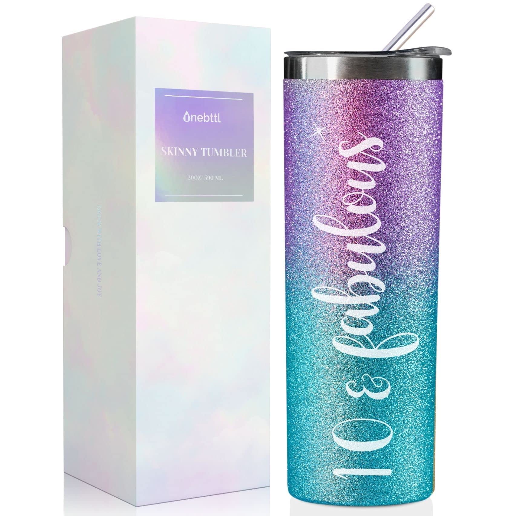 Onebttl Birthday Gifts for 10 Year Old Girls, 10 & Fabulous, 20OZ Stainless Steel Insulated Skinny Tumbler, Best Gift for 10th Birthday for Daughters, Granddaughters, Nieces, Glitter Blue & Purple