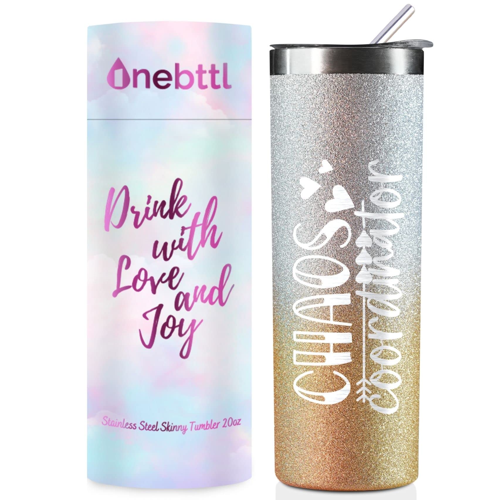 Onebttl Boss Lady Gifts for Women, Chaos Coordinator Tumbler for Boss, Secretary, Manager, Coworkers, Stainless Steel Skinny Tumbler 20oz with Lid and Straw, Glitter Silver & Gold