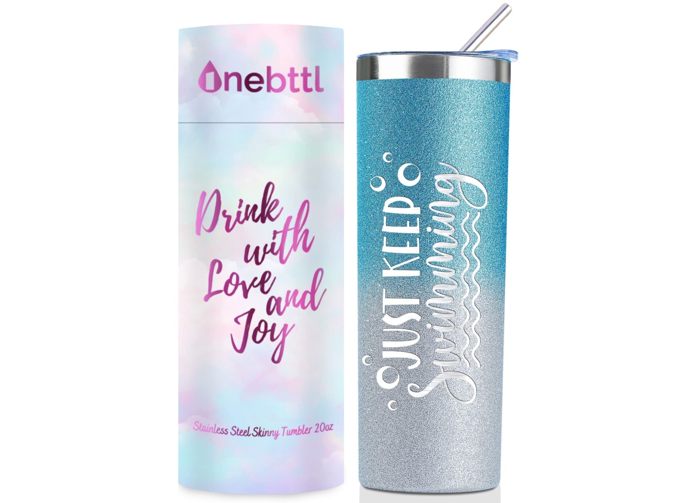 Onebttl Swimming Gifts, Swimmer Stainless Steel Skinny Tumbler for Women, Teen Girls, Teammate, Coach (20oz, Glitter Silver & Blue)-Just Keep Swimming