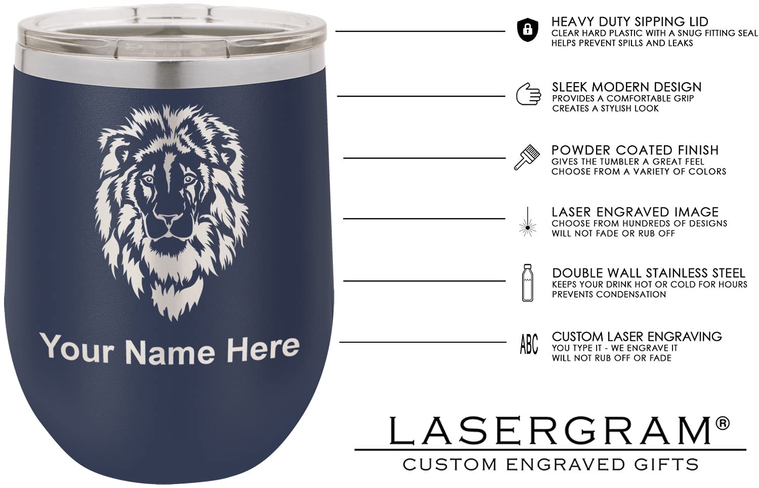 LaserGram Double Wall Stainless Steel Wine Glass Tumbler, Compass Rose, Personalized Engraving Included (Navy Blue)