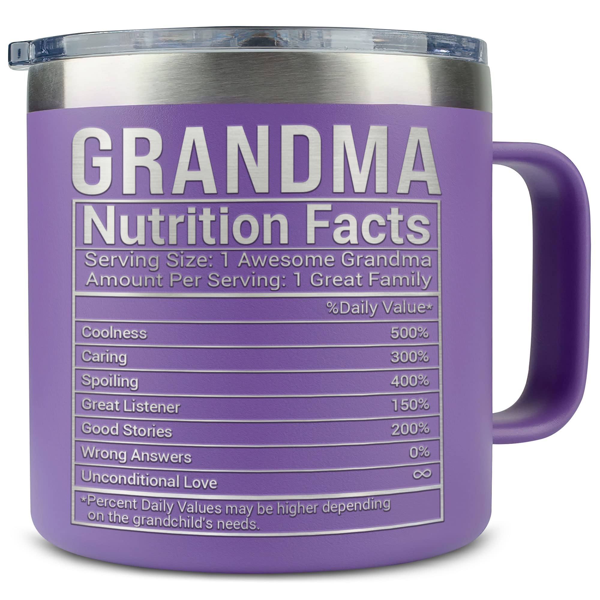 Hyturtle Grandma Nutritional Facts Coffee Purple Mug/Tumbler 14oz Gift For Women, Mothers Day Gifts For Grandma From Granddaughter, Grandson, Kids - Birthday, Christmas Gift Ideas For Grandma