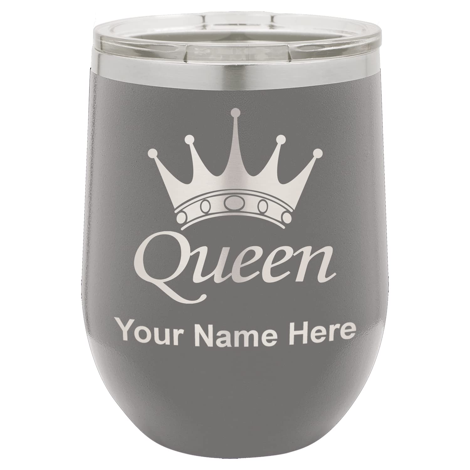 LaserGram Double Wall Stainless Steel Wine Glass Tumbler, Queen Crown, Personalized Engraving Included (Gray)
