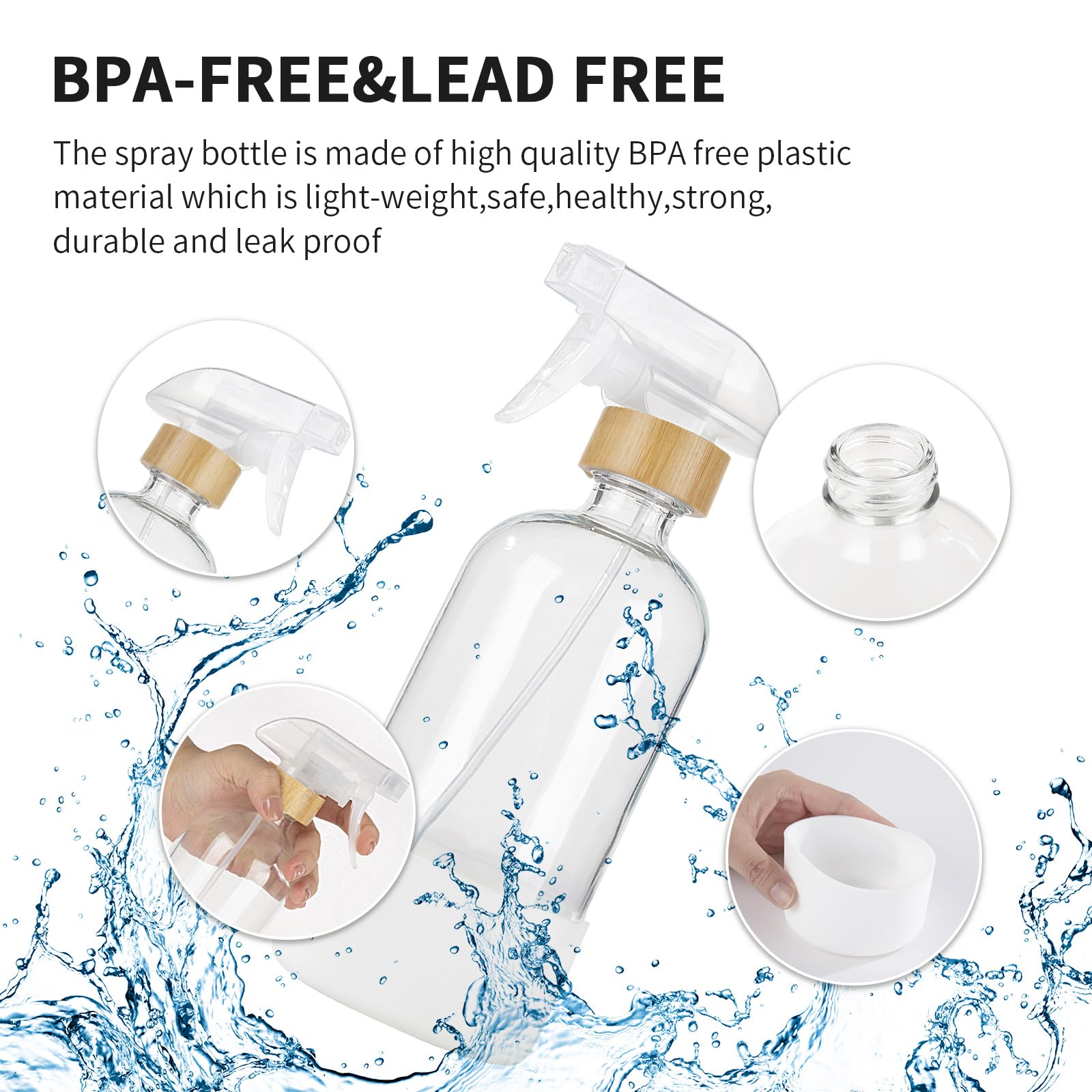 HOMBYS Empty Bamboo Glass Spray Bottles with Silicone Sleeve Protection - Refillable 17 oz Clear Glass Containers for Cleaning Solutions, Essential Oils, Misting Plants - Quality Sprayer - 3 Pack