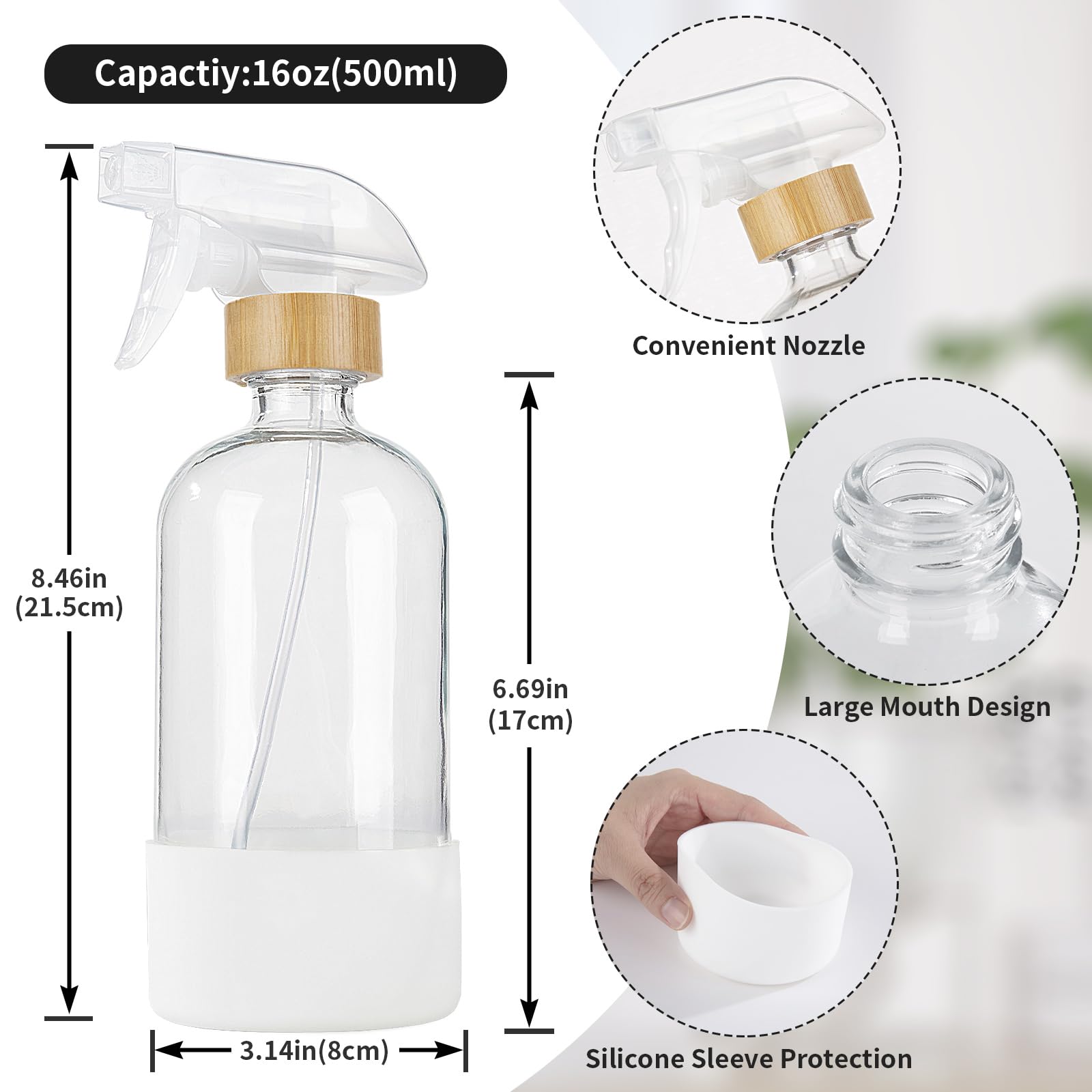 HOMBYS Empty Bamboo Glass Spray Bottles with Silicone Sleeve Protection - Refillable 17 oz Clear Glass Containers for Cleaning Solutions, Essential Oils, Misting Plants - Quality Sprayer - 3 Pack