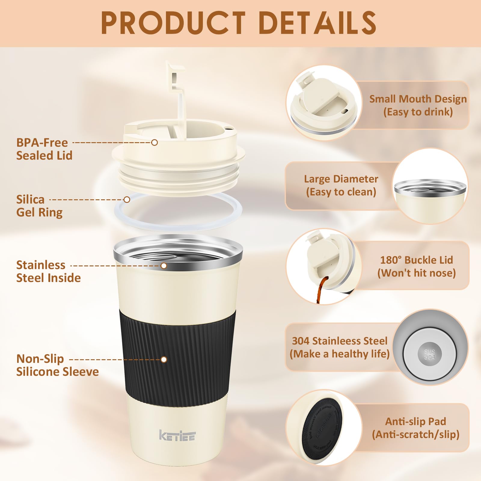 KETIEE 12oz Travel Mug: Vacuum Insulated Coffee Cup with Leakproof Lid, Travel Coffee Mug Stainless Steel Double Walled Reusable Coffee Cup for Hot and Cold Water Coffee (Beige)