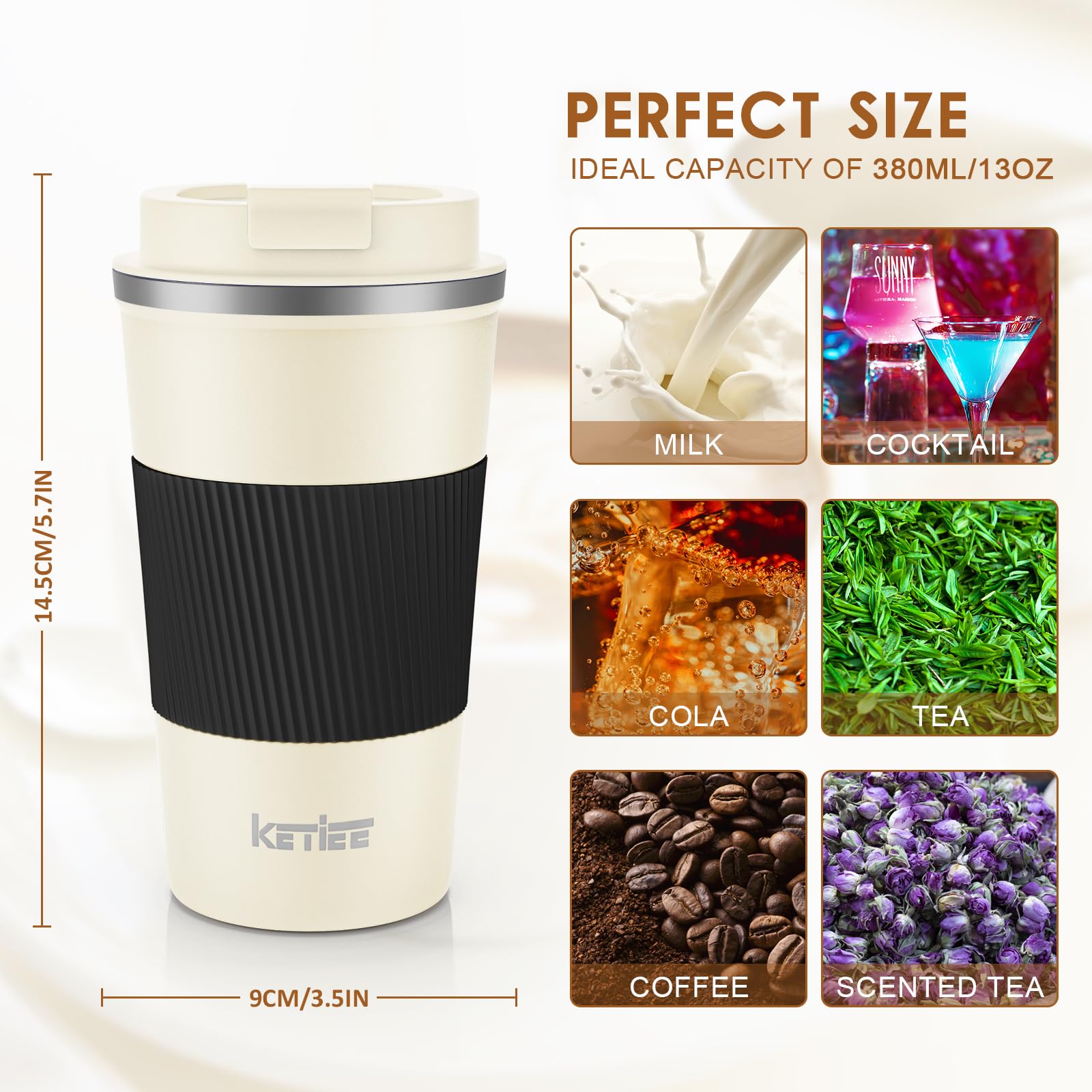 KETIEE 12oz Travel Mug: Vacuum Insulated Coffee Cup with Leakproof Lid, Travel Coffee Mug Stainless Steel Double Walled Reusable Coffee Cup for Hot and Cold Water Coffee (Beige)