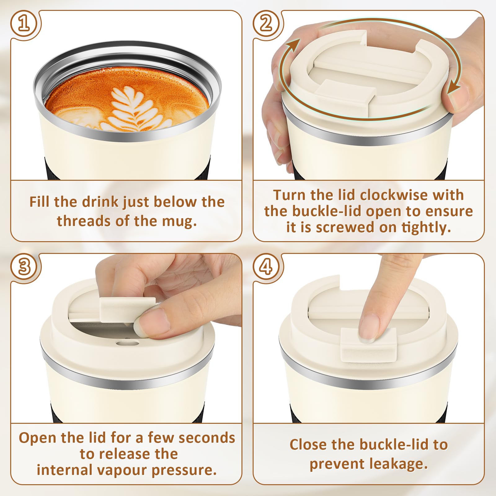 KETIEE 12oz Travel Mug: Vacuum Insulated Coffee Cup with Leakproof Lid, Travel Coffee Mug Stainless Steel Double Walled Reusable Coffee Cup for Hot and Cold Water Coffee (Beige)