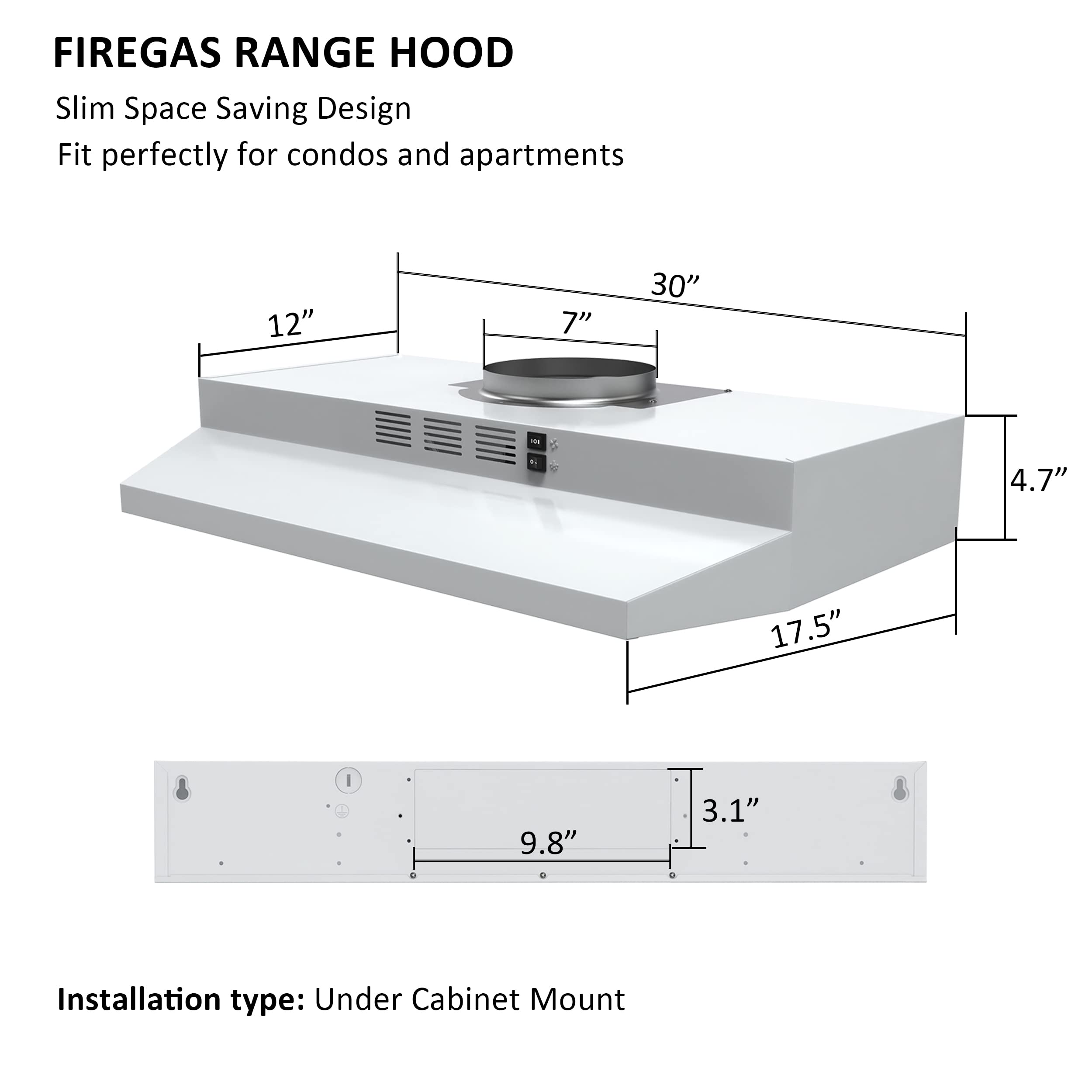 FIREGAS Range Hood 30 inch Under Cabinet Range Hood with 2 Speed Exhaust Fan,Ducted/Ductless Convertible,Rocker Button Control,300 CFM, White Vent Hood Aluminum Filter Included
