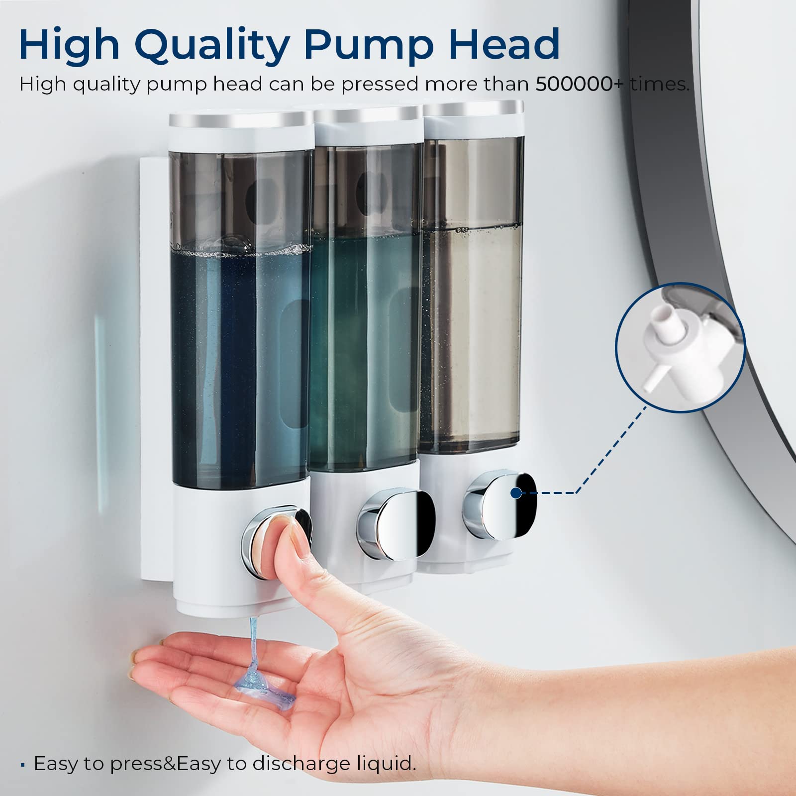 Pollock Shower Dispenser - 3 Chamber No Drill Wall Mounted Shampoo, Conditioner, Body Wash Dispenser for Bathroom, Large Capacity, White