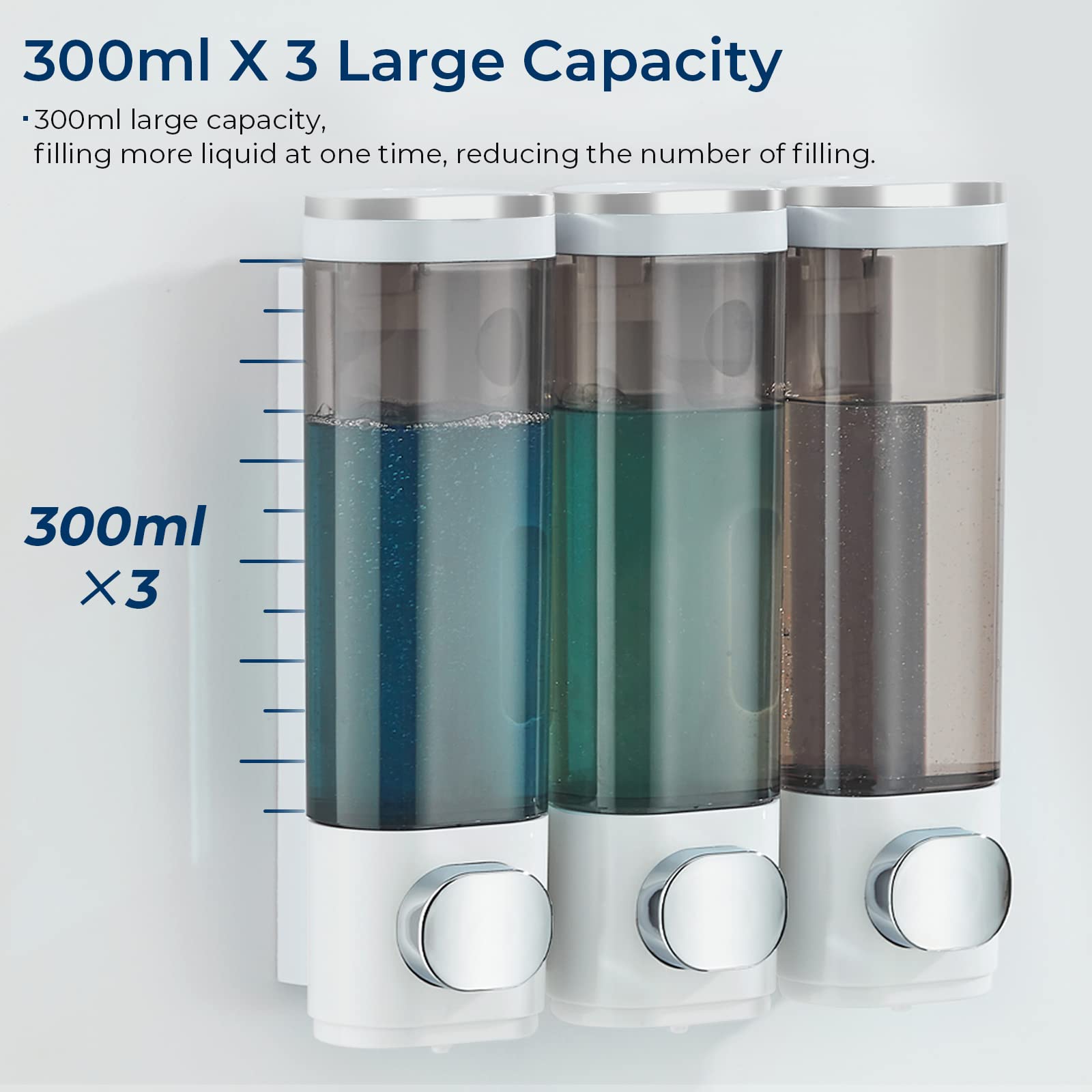 Pollock Shower Dispenser - 3 Chamber No Drill Wall Mounted Shampoo, Conditioner, Body Wash Dispenser for Bathroom, Large Capacity, White
