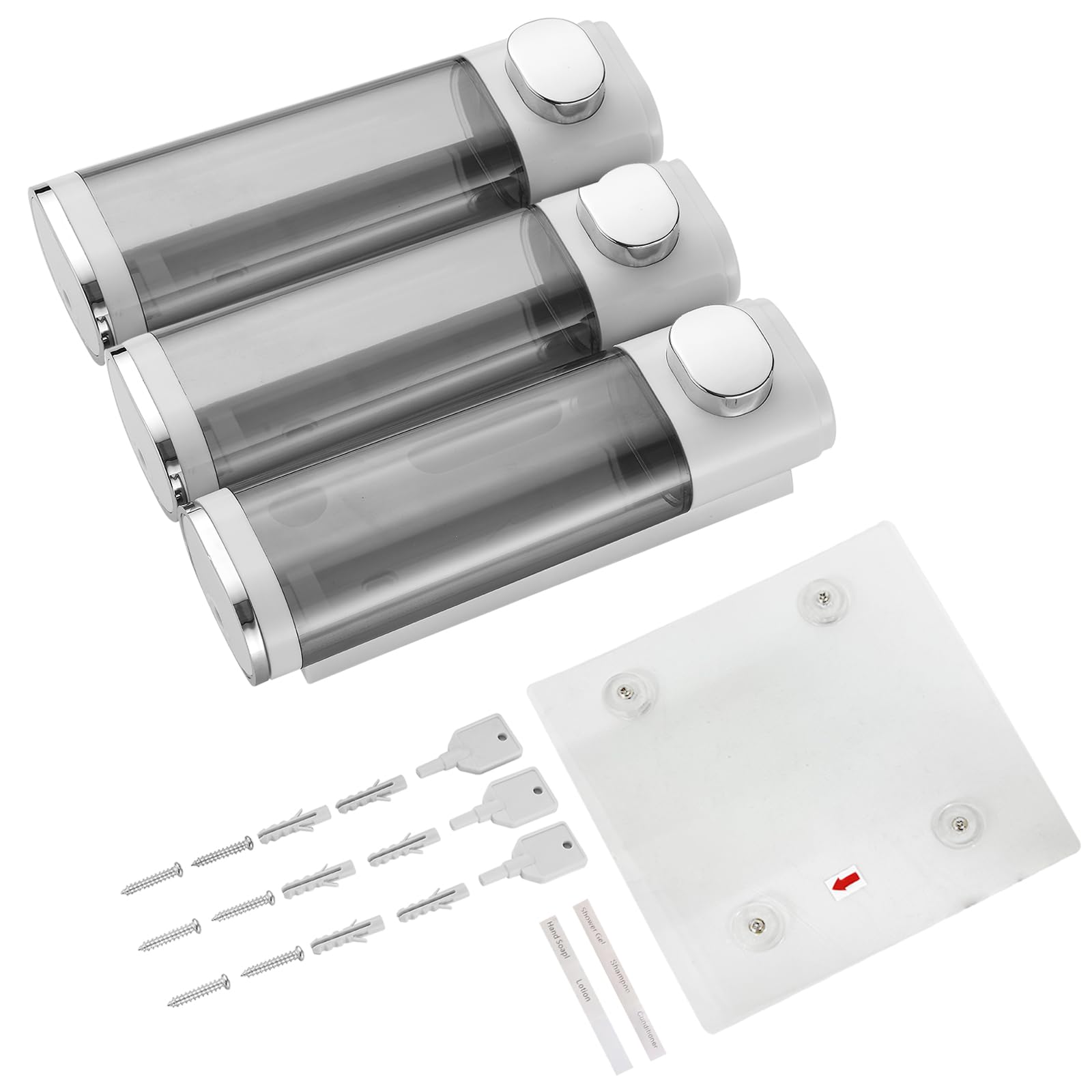 Pollock Shower Dispenser - 3 Chamber No Drill Wall Mounted Shampoo, Conditioner, Body Wash Dispenser for Bathroom, Large Capacity, White