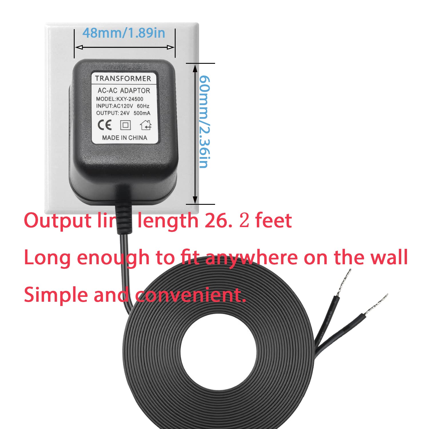 24V Video doorbell Power Transformer, Compatible with Nest Hello, Wyze, Eufy, and Ring Video doorbells. Line Length 26 feet Black(1Pcs)