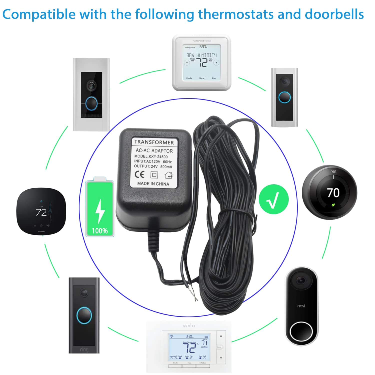 24V Video doorbell Power Transformer, Compatible with Nest Hello, Wyze, Eufy, and Ring Video doorbells. Line Length 26 feet Black(1Pcs)