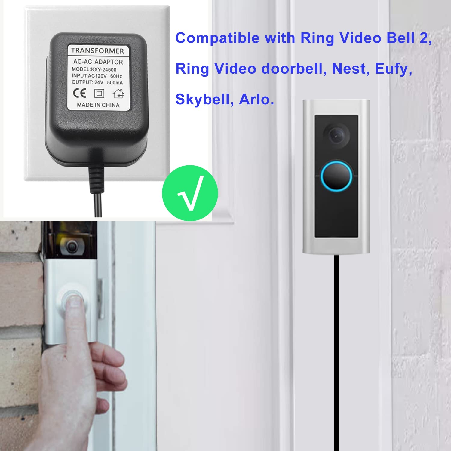 24V Video doorbell Power Transformer, Compatible with Nest Hello, Wyze, Eufy, and Ring Video doorbells. Line Length 26 feet Black(1Pcs)
