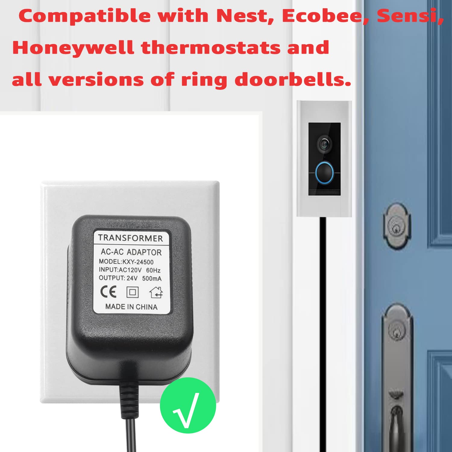24V Video doorbell Power Transformer, Compatible with Nest Hello, Wyze, Eufy, and Ring Video doorbells. Line Length 26 feet Black(1Pcs)