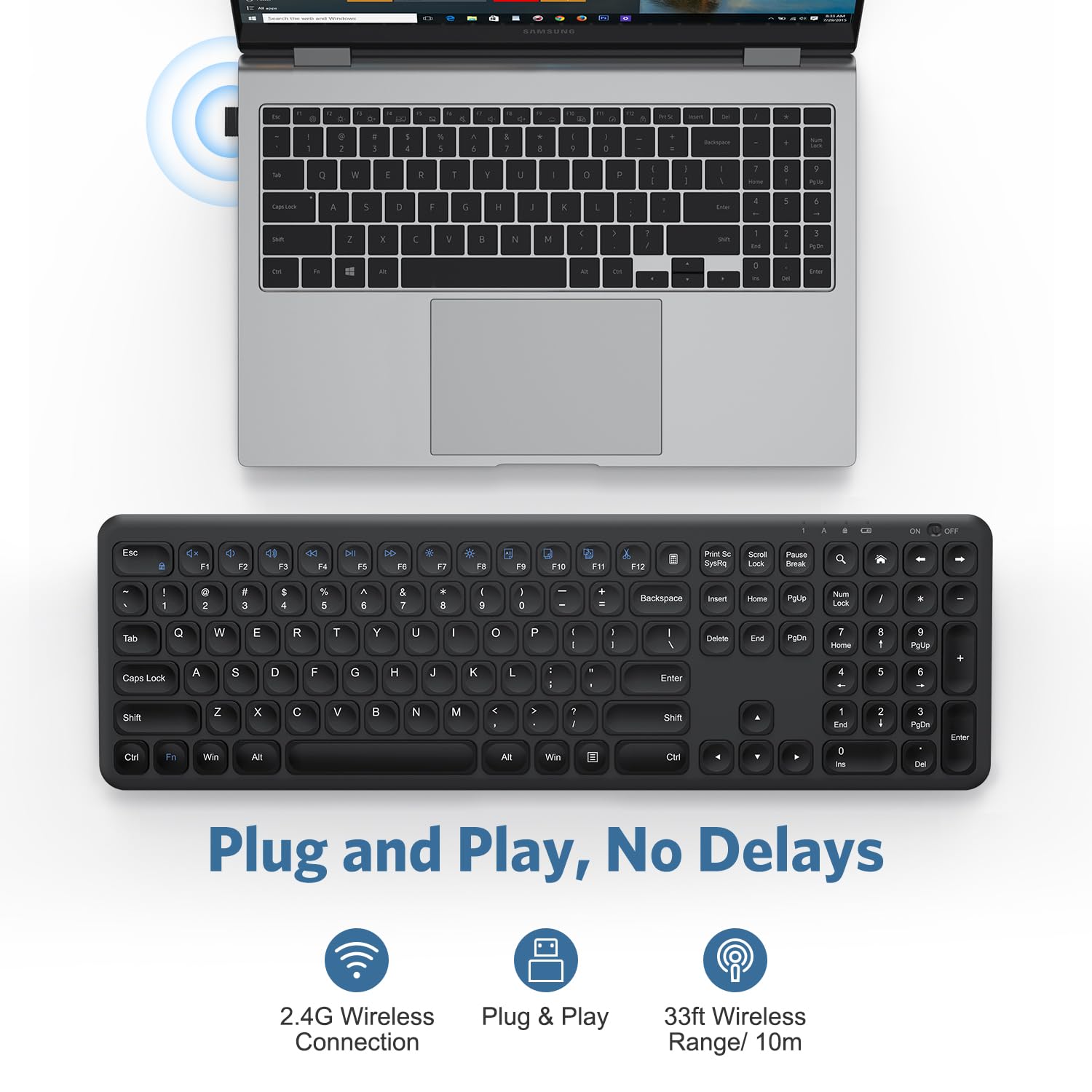 OMOTON Wireless Keyboard, 2.4G Silent Computer Keyboard, Ultra Slim Full Size Ergonomic Keyboard with Numeric Keypad and Media Hotkeys Compatible with Windows, PC, Computer, Notebook, Laptop, Black