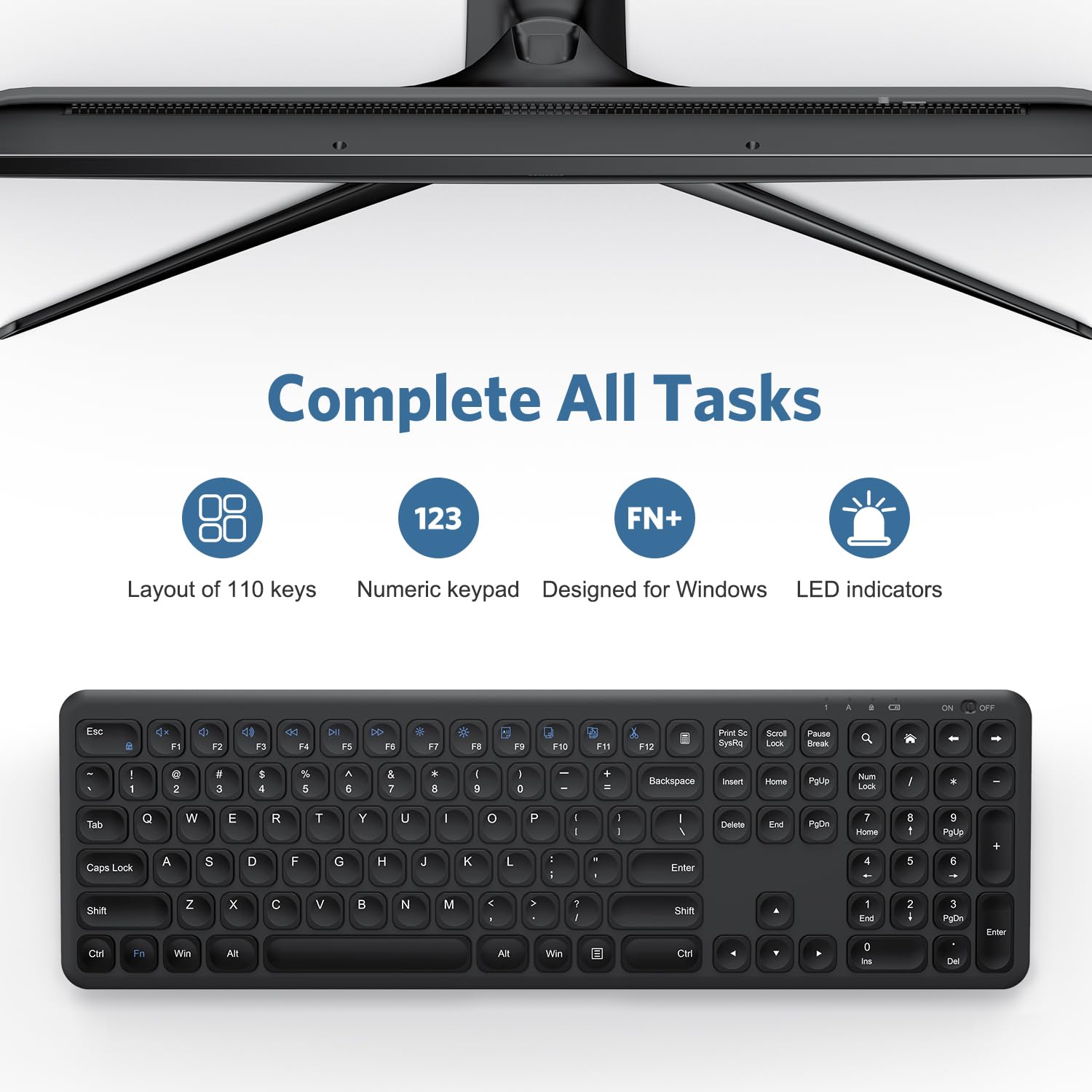 OMOTON Wireless Keyboard, 2.4G Silent Computer Keyboard, Ultra Slim Full Size Ergonomic Keyboard with Numeric Keypad and Media Hotkeys Compatible with Windows, PC, Computer, Notebook, Laptop, Black