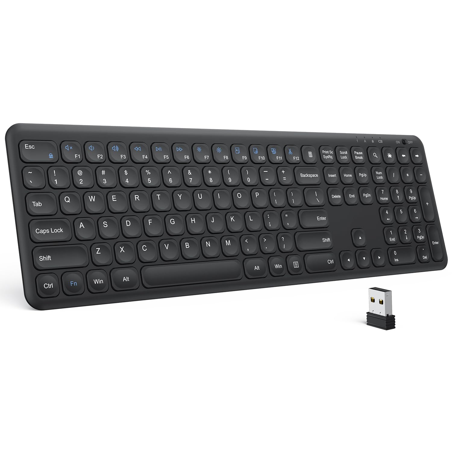 OMOTON Wireless Keyboard, 2.4G Silent Computer Keyboard, Ultra Slim Full Size Ergonomic Keyboard with Numeric Keypad and Media Hotkeys Compatible with Windows, PC, Computer, Notebook, Laptop, Black