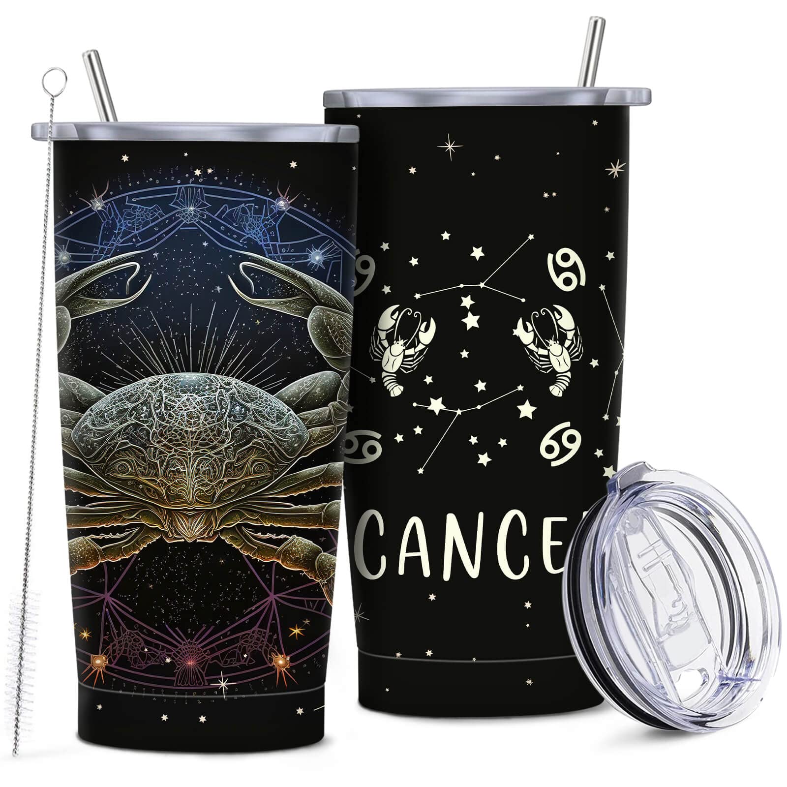 BEOIIBIRD Cancer Zodiac Tumbler Gifts, 20oz Glaze Stainless Steel with Lid and Straw Water Bottles Insulated Coffee Mug, Beverage Cup for Teen Women Men in Home Office Car Travel