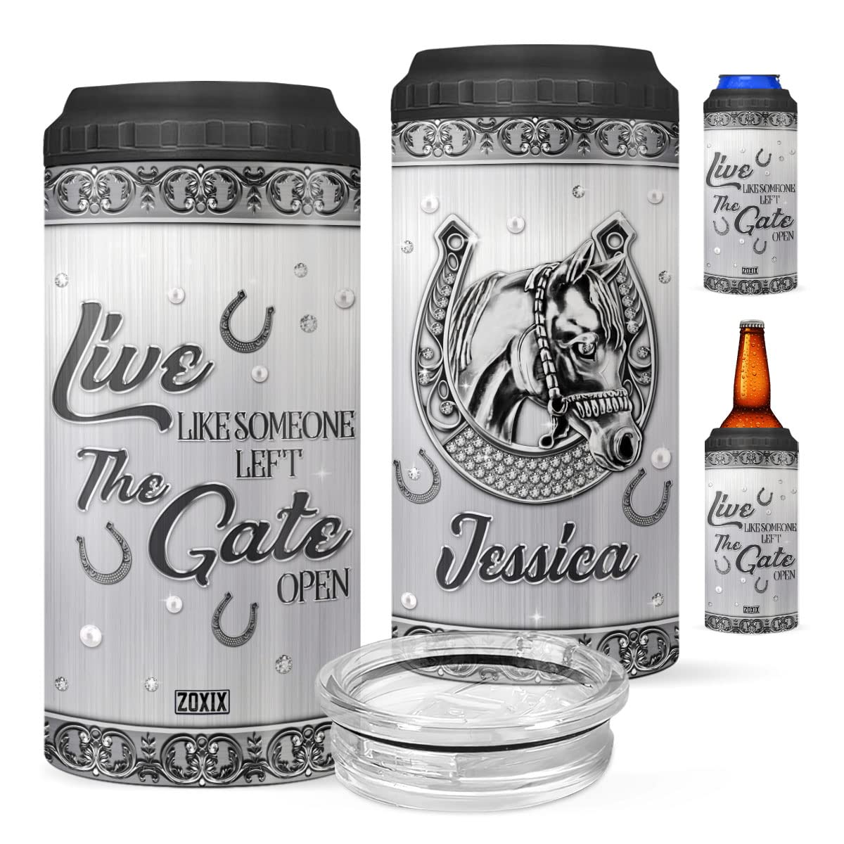 ZOXIX Live Like Someone Left The Gate Open Horse Can Cooler Tumbler Customized 16oz 4-in-1 Can Holder Travel Animal Print Cup Stainless Steel Insulated Personalized Horse Gifts