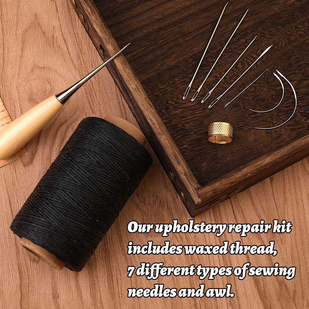 BAGERLA 273 Yards Leather Waxed Thread Sewing Kit Including Black Waxed Thread Needle Awl Thimble, Upholstery Repair Kit for Leather Carpet Sofa Seat Shoe Sewing and Repair