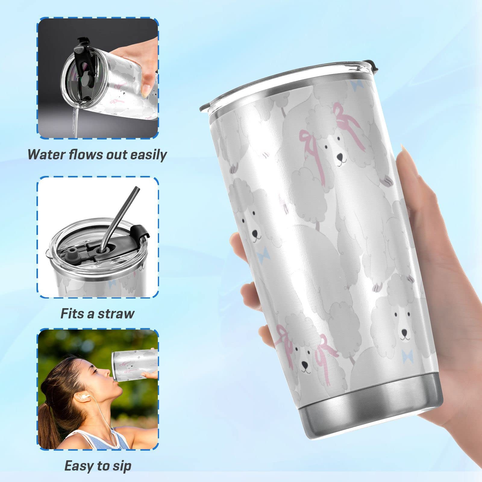 Yasala Tumbler Grey Cute Poodles Insulated Coffee Cup Beverage Container Office Travel Mug with Straw and Lid 20oz Back to School Gift