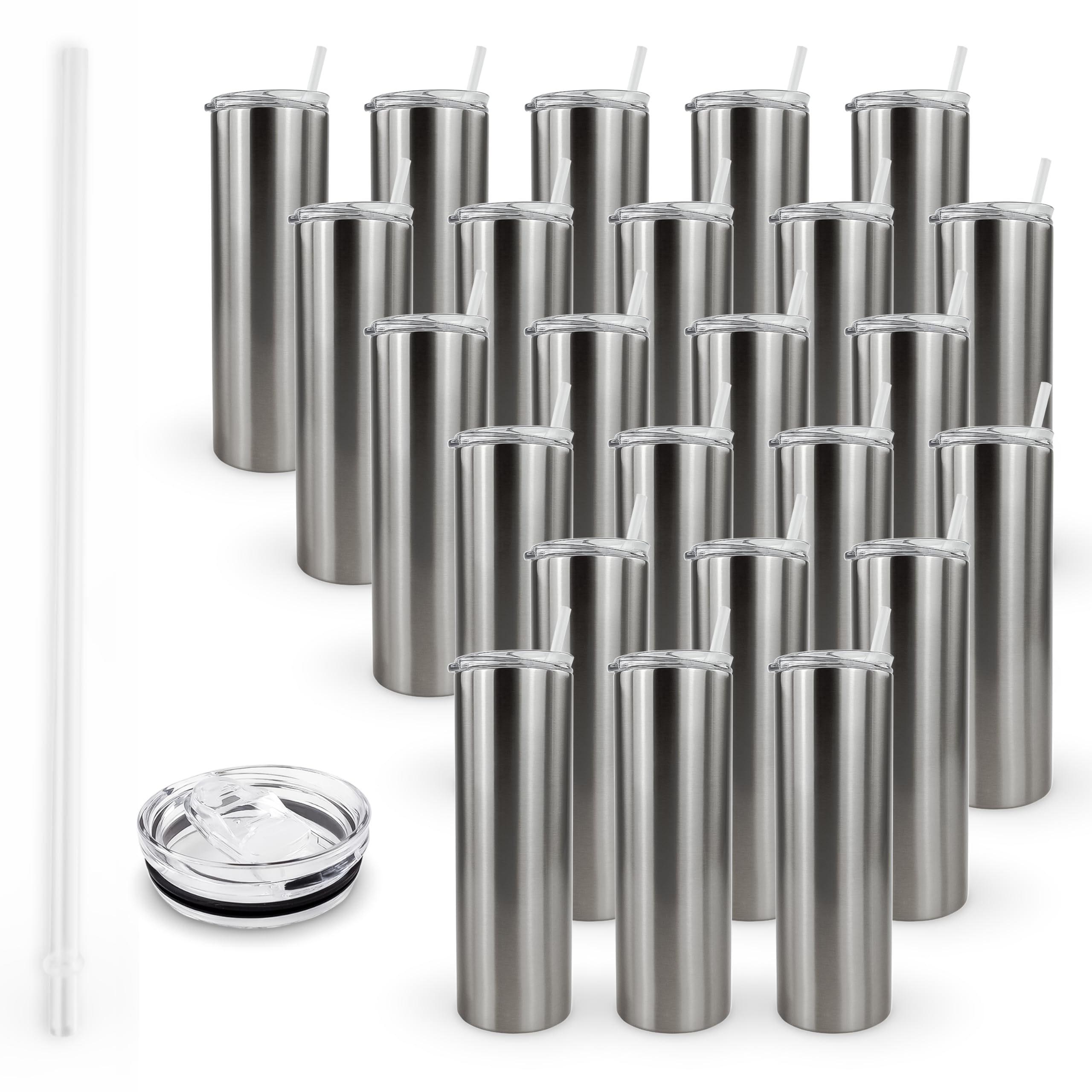 Hogg 20 oz Sublimation Tumblers Clear (24 Units) - Silver, Sublimation Blanks, Bulk Tumblers with Lids and Straws, 20oz Skinny, Blank Cups