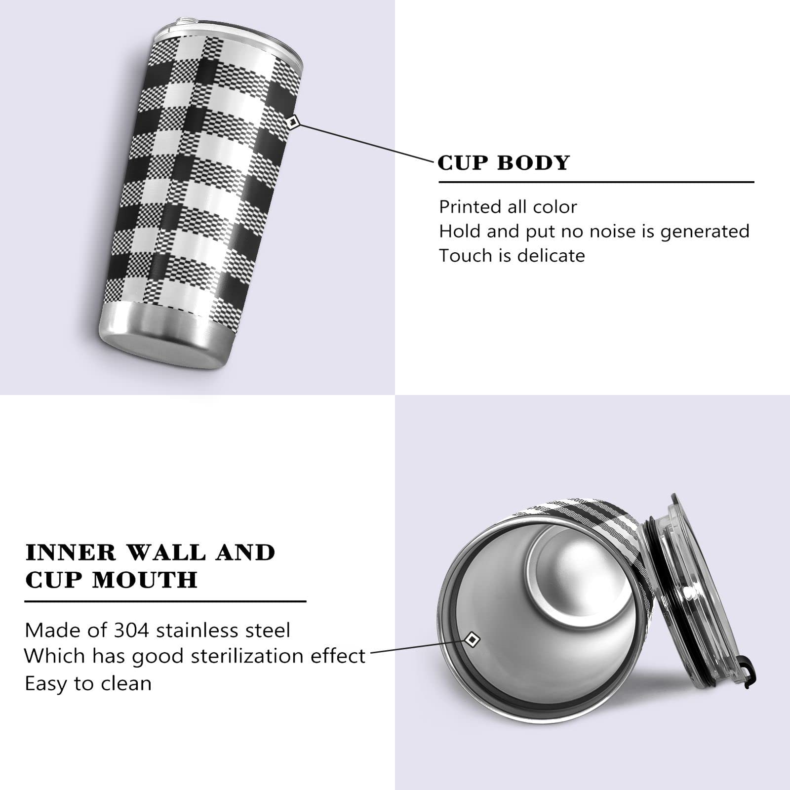 foixnub Black Gingham Tablecloth 20oz Tumbler Insulated Coffee Cup Wine Tumbler Stainless Steel Reusable Water Bottle Double Walled Travel Mug Thermal Cup for Hot Cold Drinks