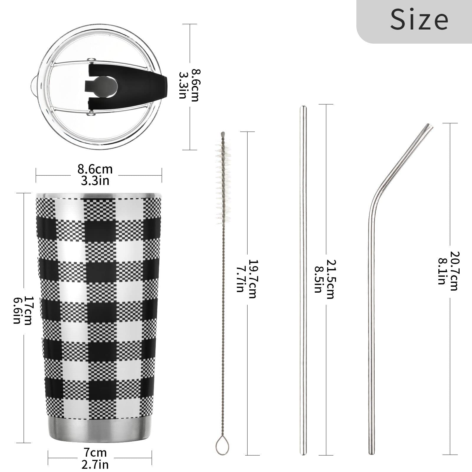 foixnub Black Gingham Tablecloth 20oz Tumbler Insulated Coffee Cup Wine Tumbler Stainless Steel Reusable Water Bottle Double Walled Travel Mug Thermal Cup for Hot Cold Drinks