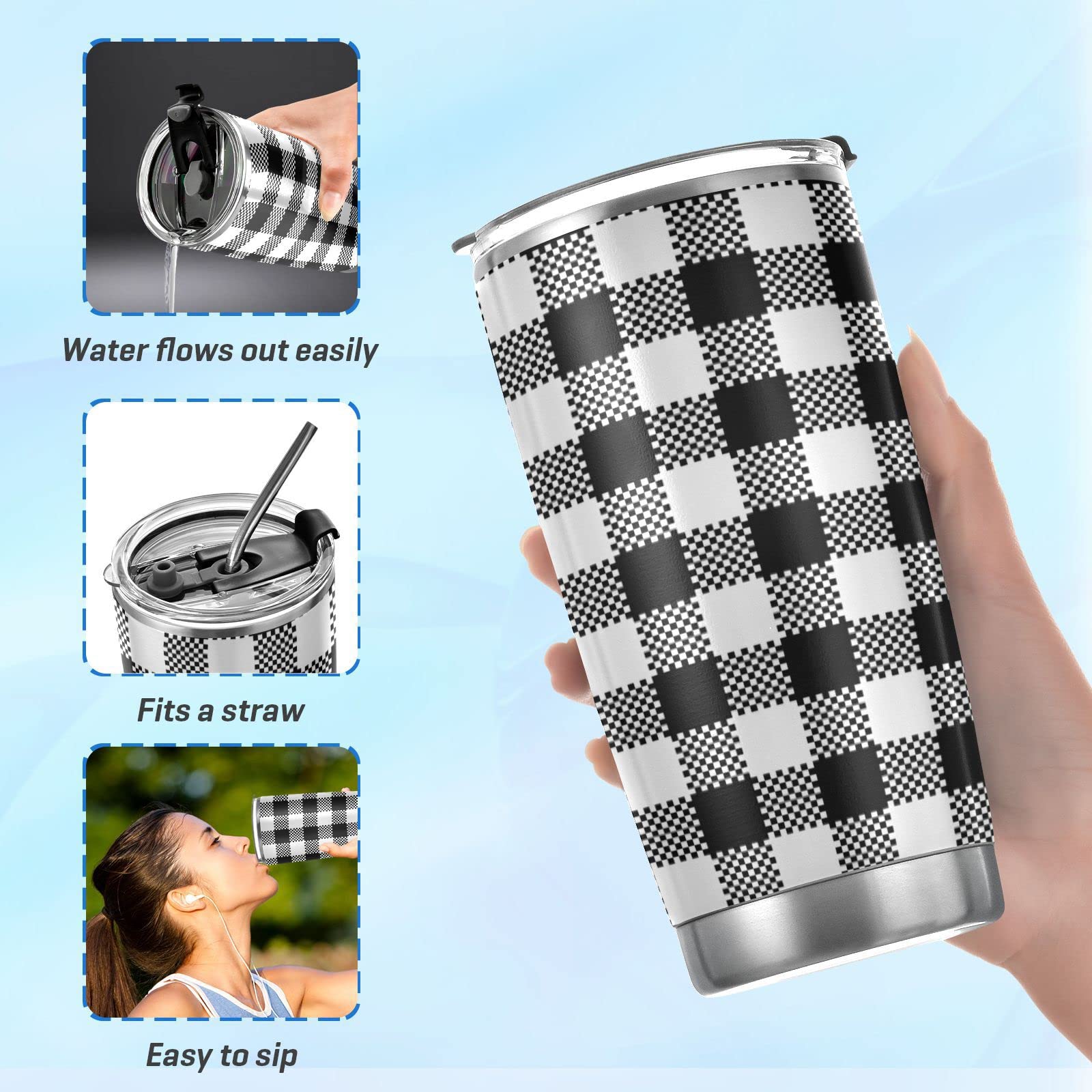 foixnub Black Gingham Tablecloth 20oz Tumbler Insulated Coffee Cup Wine Tumbler Stainless Steel Reusable Water Bottle Double Walled Travel Mug Thermal Cup for Hot Cold Drinks