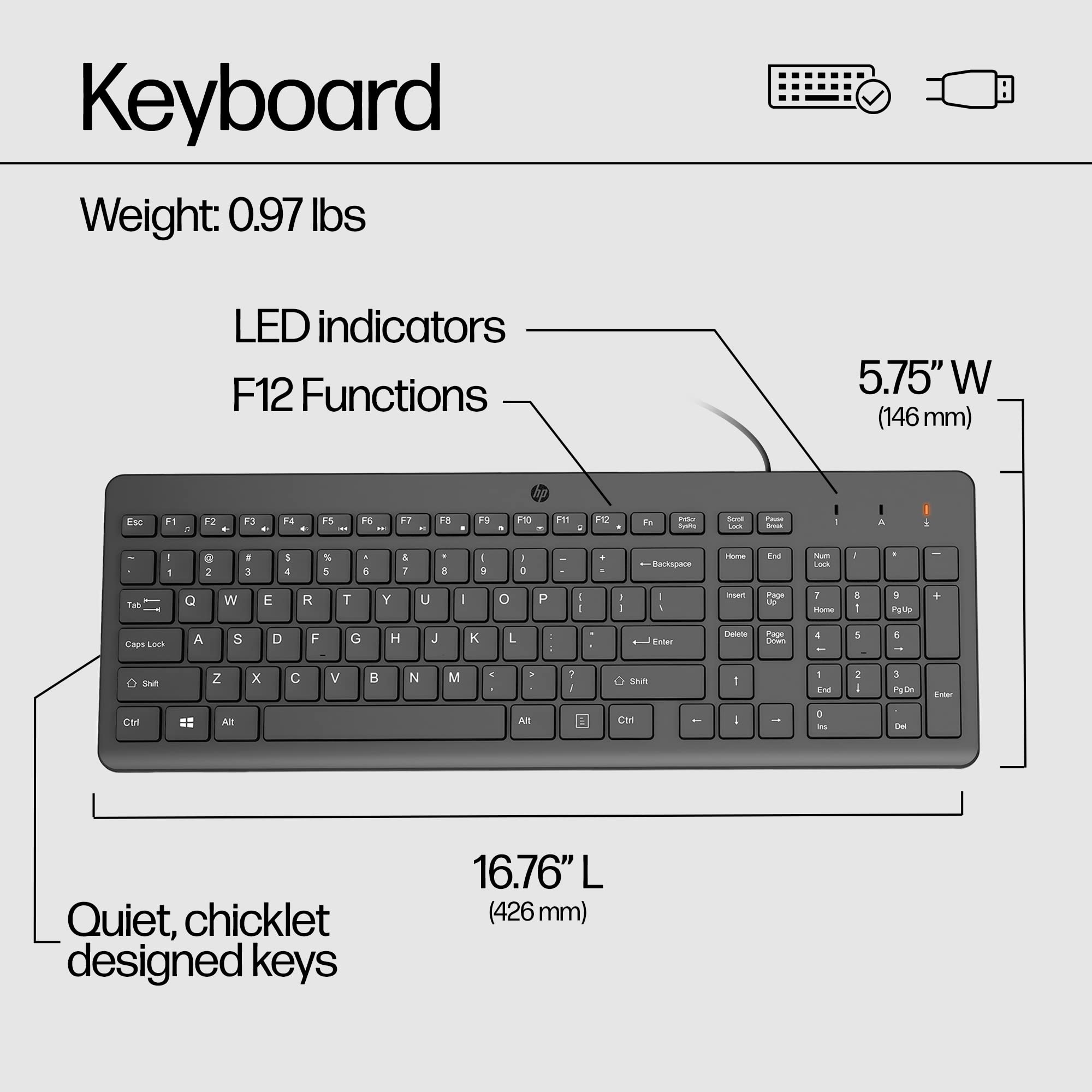 HP 150 Wired Keyboard with Numeric Keypad - Silent-Touch Chiclet Keyboard - Ergonomic, Comfortable - USB Plug-and-Connectivity, LED Indicators (664R5AA, Black)