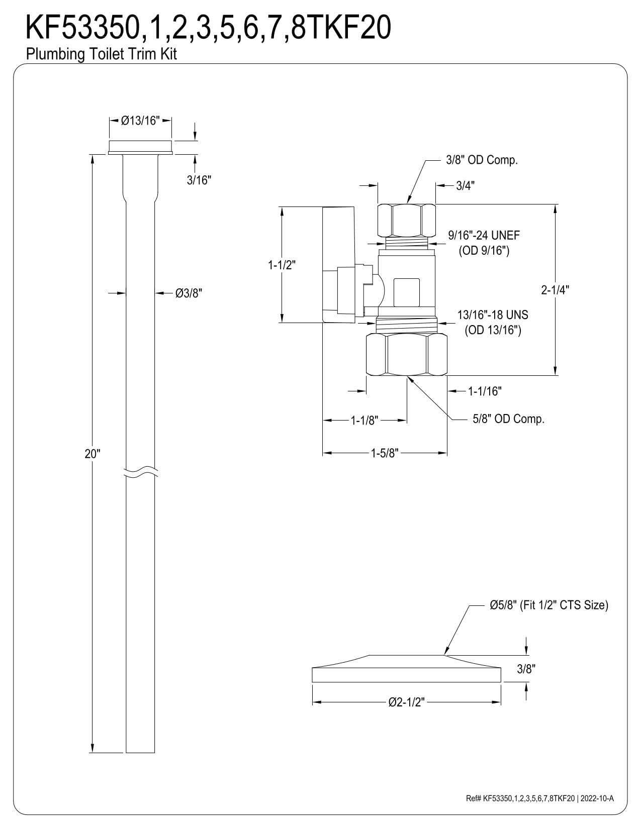 Kingston Brass KF53357TKF20 Trimscape Toilet Supply Kit, 5/8" x 3/8" OD Comp Straight Valve, Brushed Brass
