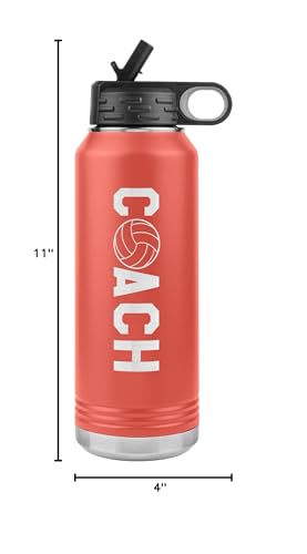 JFWcreations Volleyball Coach Water Bottle - 32oz Insulated Engraved Stainless Steel Flip Top With Straw Volleyball Coach Gift Coral