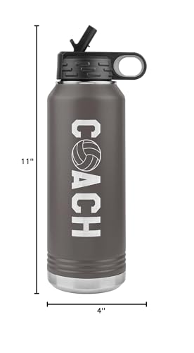 JFWcreations Volleyball Coach Water Bottle - 32oz Insulated Engraved Stainless Steel Flip Top With Straw Volleyball Coach Gift Pewter
