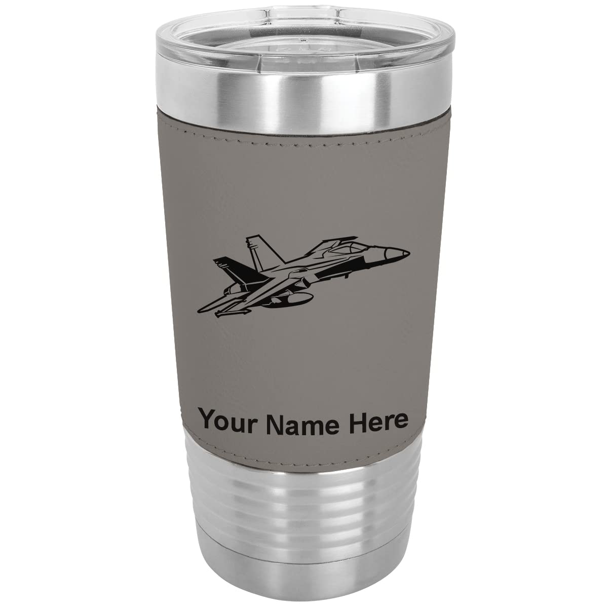 LaserGram 20oz Vacuum Insulated Tumbler Mug, Fighter Jet 2, Personalized Engraving Included (Faux Leather, Gray)