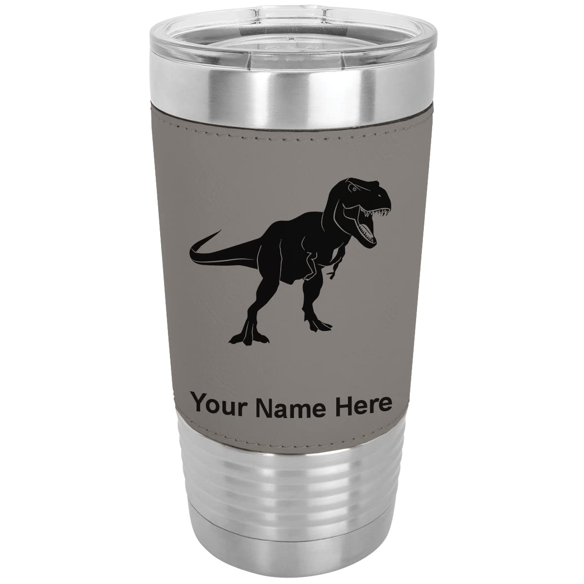 LaserGram 20oz Vacuum Insulated Tumbler Mug, Tyrannosaurus Rex Dinosaur, Personalized Engraving Included (Faux Leather, Gray)