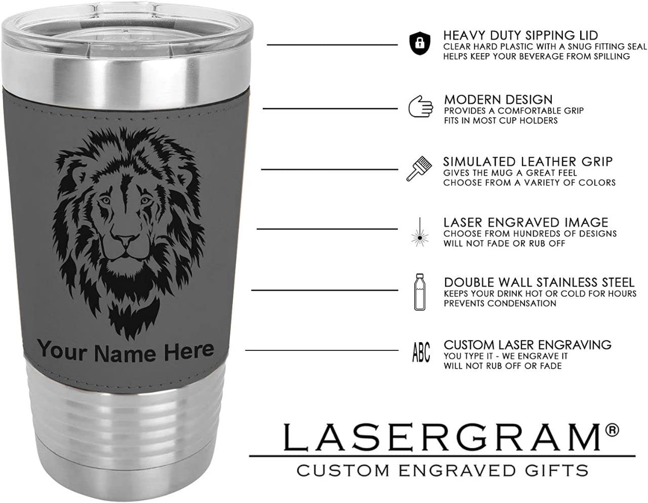 LaserGram 20oz Vacuum Insulated Tumbler Mug, Palm Trees, Personalized Engraving Included (Faux Leather, Gray)