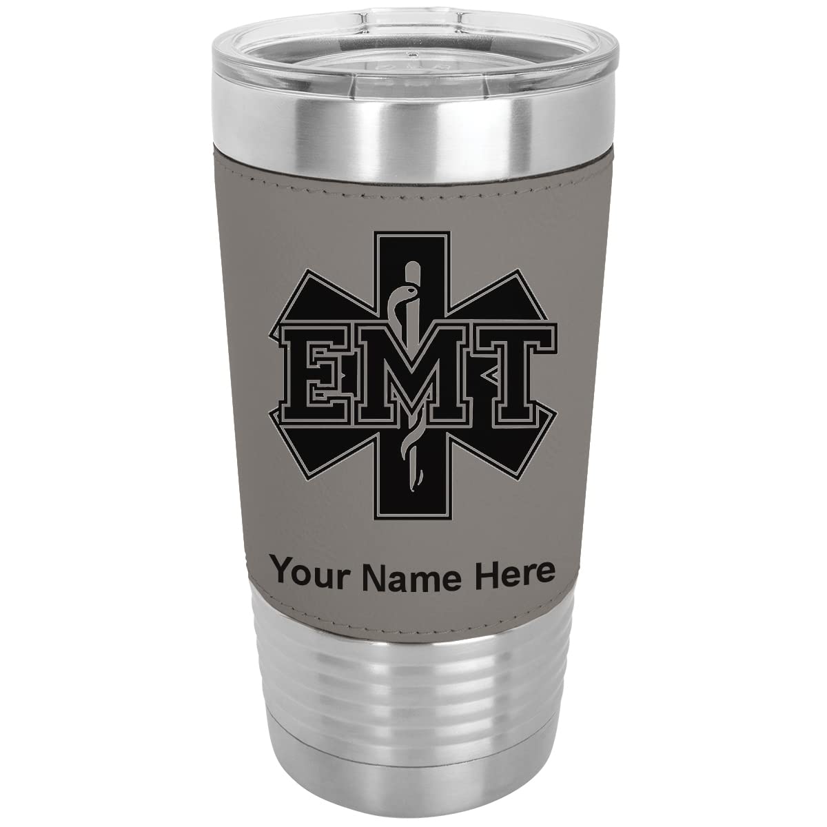 LaserGram 20oz Vacuum Insulated Tumbler Mug, EMT Emergency Medical Technician, Personalized Engraving Included (Faux Leather, Gray)