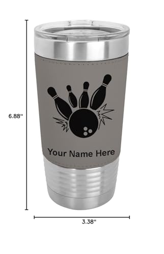 LaserGram 20oz Vacuum Insulated Tumbler Mug, Bowling Ball and Pins, Personalized Engraving Included (Faux Leather, Gray)