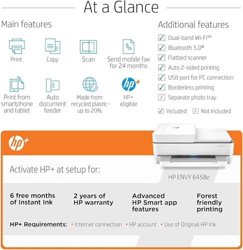 HP Envy 6458e All-in-One Wireless Color Inkjet Printer, Print Copy Scan - 10 ppm, 4800 x 1200 dpi, Auto 2-Sided Printing, 35-Sheet ADF, Dual-Band WiFi, Instant Ink Ready, White (Renewed)