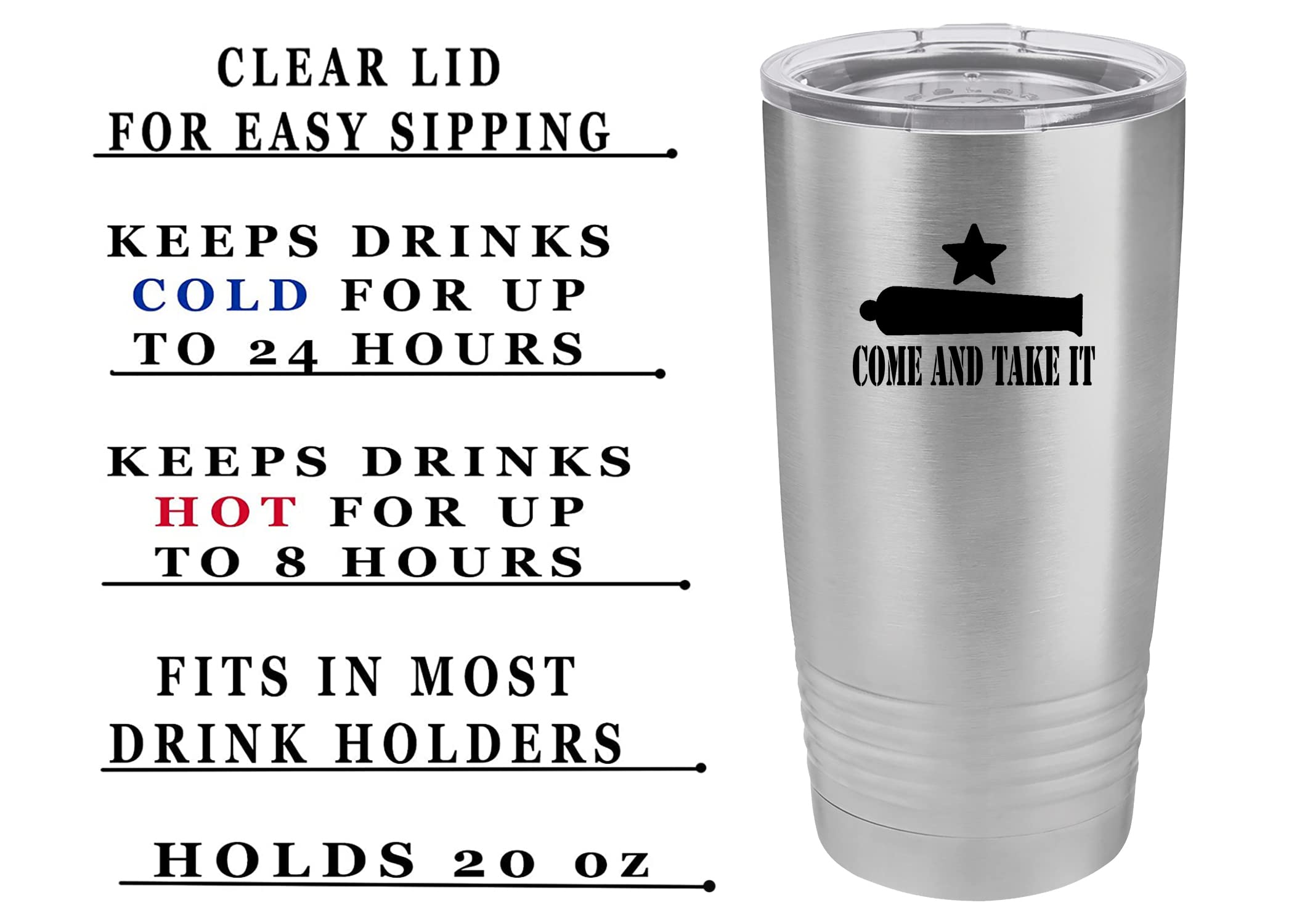 Rogue River Tactical Come and Take It Gonzales Texas Flag 20 Oz. Stainless Steel Travel Tumbler Mug Cup w/Lid Vacuum Insulated Hot or Cold (Silver)