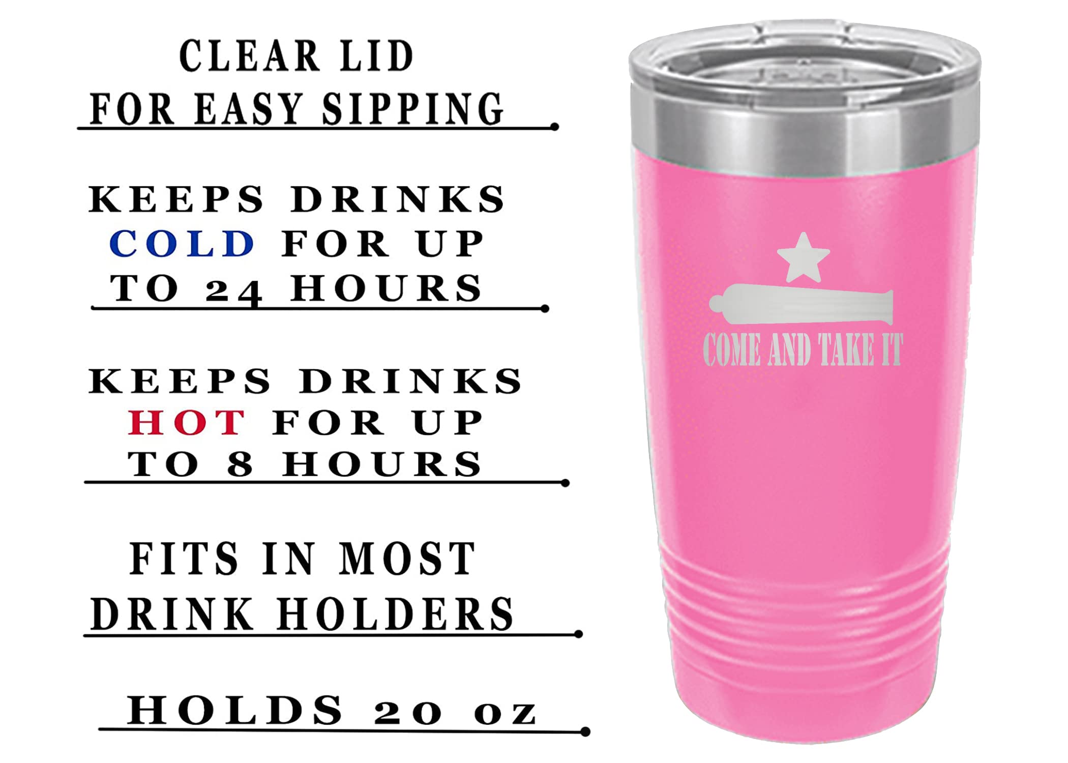 Rogue River Tactical Come and Take It Gonzales Texas Flag 20 Oz. Stainless Steel Travel Tumbler Mug Cup w/Lid Vacuum Insulated Hot or Cold (Pink)