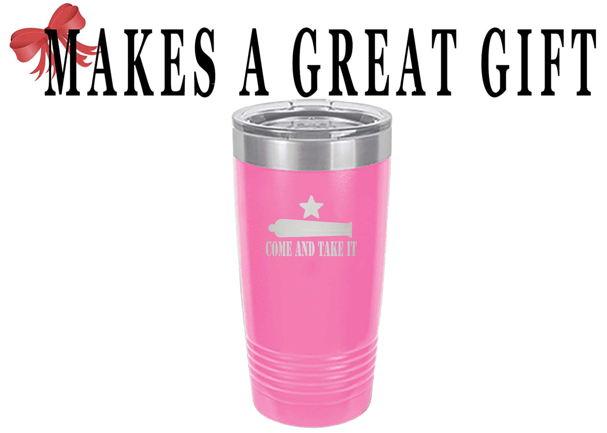 Rogue River Tactical Come and Take It Gonzales Texas Flag 20 Oz. Stainless Steel Travel Tumbler Mug Cup w/Lid Vacuum Insulated Hot or Cold (Pink)