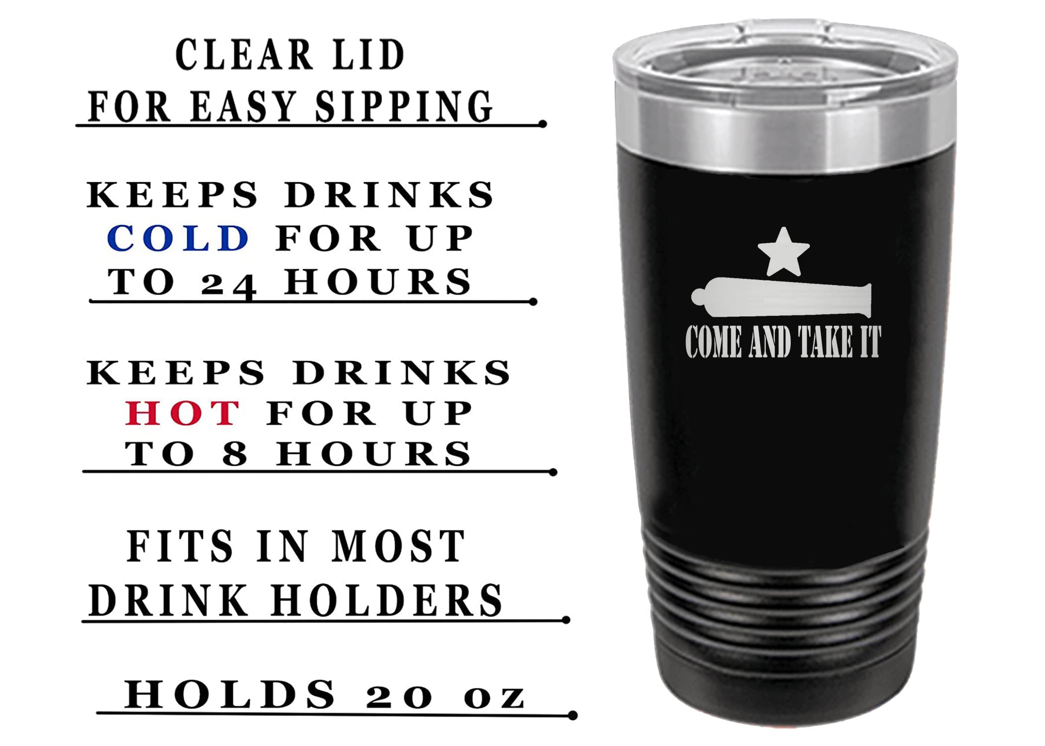Rogue River Tactical Come and Take It Gonzales Texas Flag 20 Oz. Stainless Steel Travel Tumbler Mug Cup w/Lid Vacuum Insulated Hot or Cold (Black)