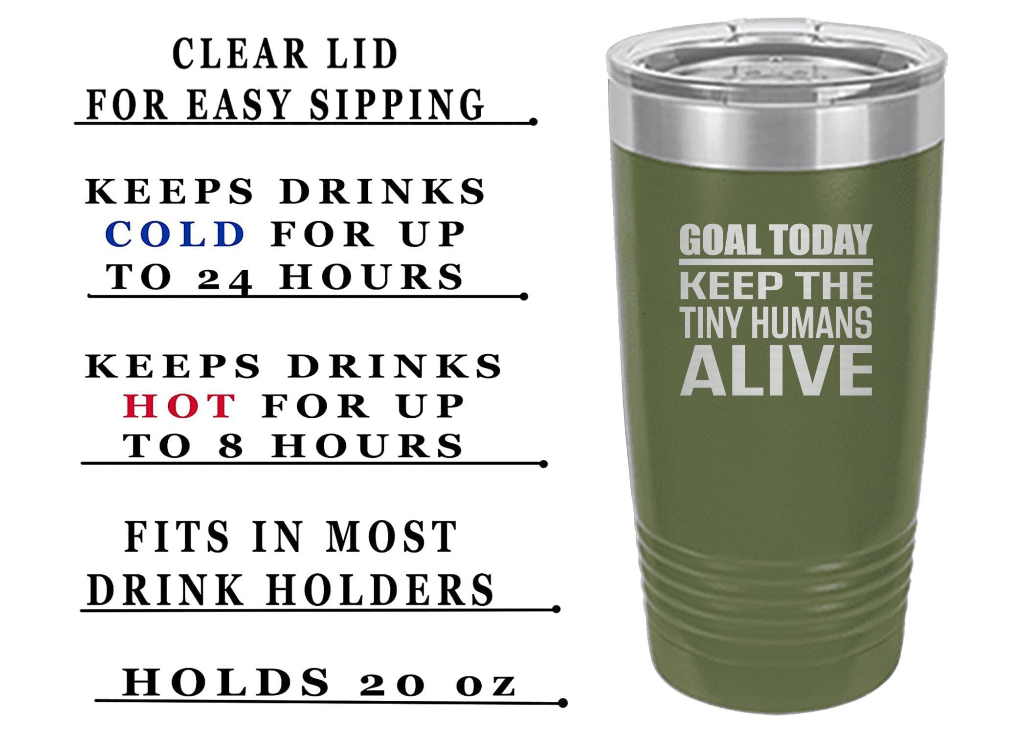Rogue River Tactical Funny Mom Goal Today Keep The Tiny Humans Alive 20 Oz. Travel Tumbler Mug Cup w/Lid Vacuum Insulated Hot or Cold Mother's Day Gift (Green)